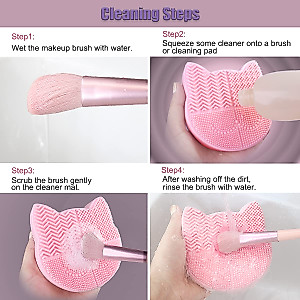 2 in 1 Design Makeup Brush Cleaning Mat with Brush Drying Holder, Silicon Cat Shaped Brush Cleaner Pad & Cosmetic Brush Organizer Rack, Portable Washing Tool for Makeup (Pink)
