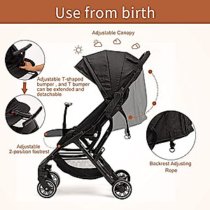 Lightweight Travel Stroller - Compact Travel Stroller for Airplane, One-Hand Folding Baby Stroller, Toddler Stroller w/Adjustable Backrest/Footrest/T-Shaped Bumper(Black)