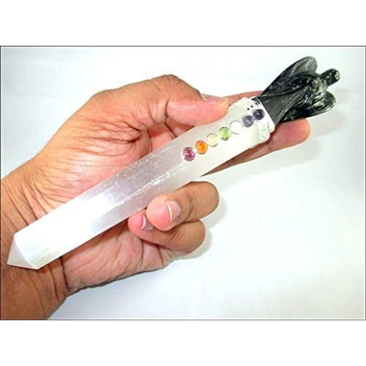 Jet Selenite Chakra Wand with Black Tourmaline Angel Stick Approx. 5-5.5 inch Energized Charged Cleansed Programmed Pure Genuine Stick Free Booklet Jet International Image is JUST A Reference