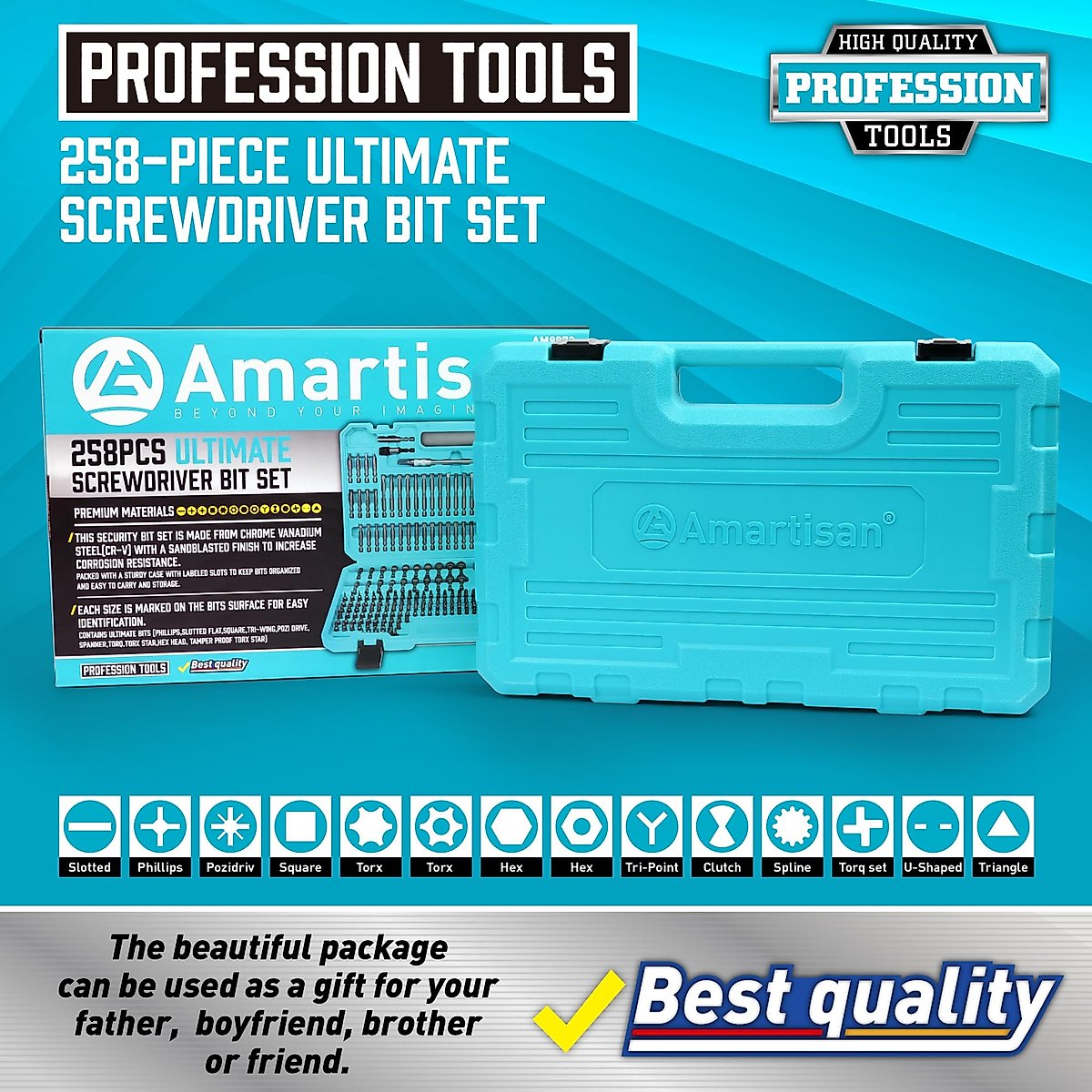 Amartisan 258-Piece Ultimate Screwdriver Bit Set, Chrome Vanadium Steel Driver Bit Set, Security bit set, Includes Bits Holder, Nut Driver, etc (Blue)