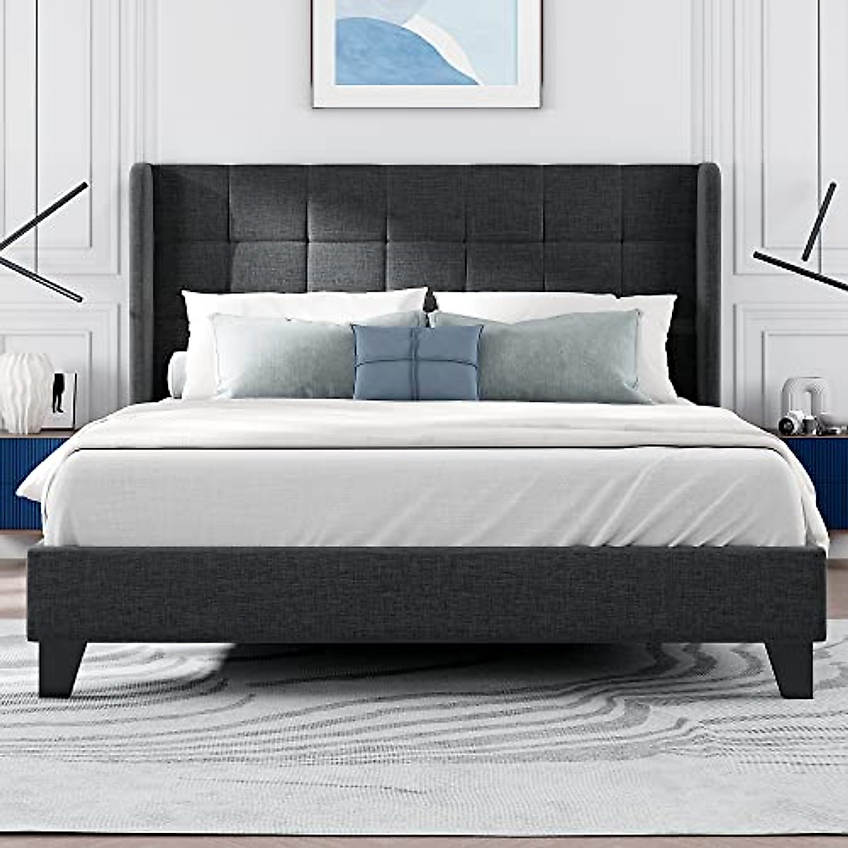 Allewie Queen Size Platform Bed Frame with Wingback/Fabric Upholstered Square Stitched Headboard and Wooden Slats/Mattress Foundation/Box Spring Optional/Easy Assembly, Dark Grey