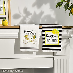 Artoid Mode Watercolor Stripes Lemon Kitchen Dish Towels Squeeze The Day, 18 x 26 Inch Seasonal Spring Summer Hello Sunshine Ultra Absorbent Drying Cloth Tea Towels for Cooking Baking Set of 2