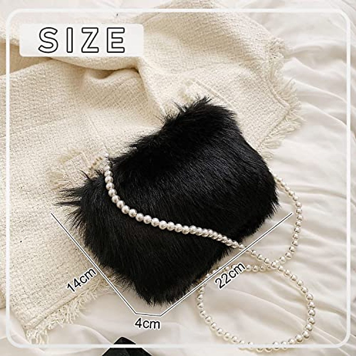Oweisong Faux Fur Clutch Purses for Women Evening Bag Fluffy Fuzzy Handbags Black Furry Shoulder Bag for Wedding Party