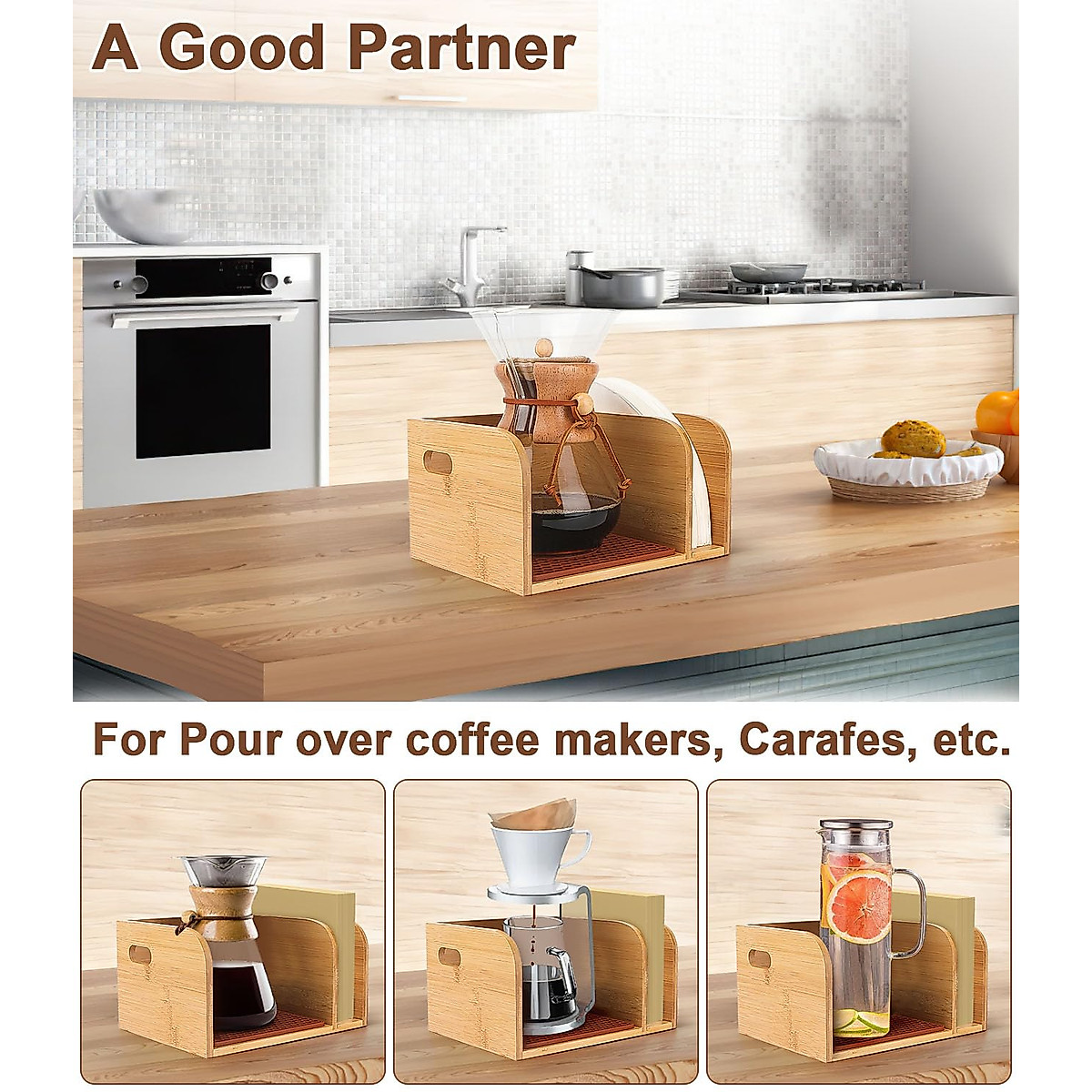 PrimZooty Bamboo Caddy with Lid & Heatproof Trivets Mat for Chemex CoffeeMakers - Designed for Chemex Pour - Over Glass Coffeemaker(3/5/6/8/10Cup), for Bodum Pour Over Coffee makers(4/8Cup)