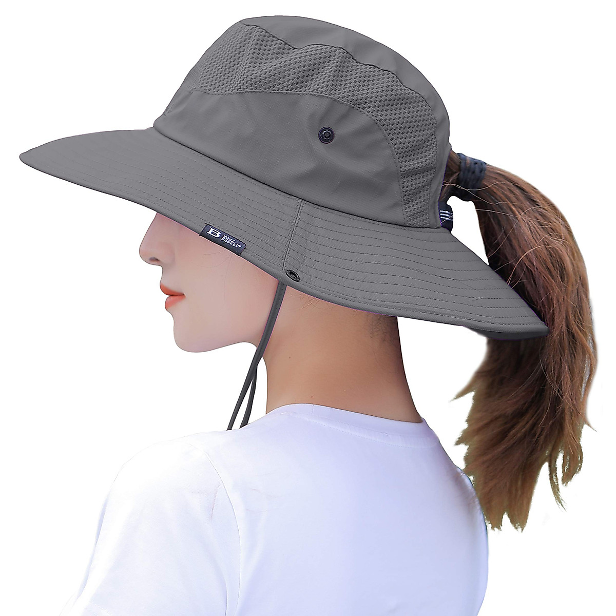 Mukeyo Womens Ponytail Sun Hat Summer Foldable Wide Brim Outdoor UV Protection Mesh Bucket Cap for Beach Fishing Hiking Gardening Grey