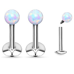 Pair Opal Surgical Steel Helix Tragus Lip Piercing Labret Stud Barbell 16g 5/16" - White