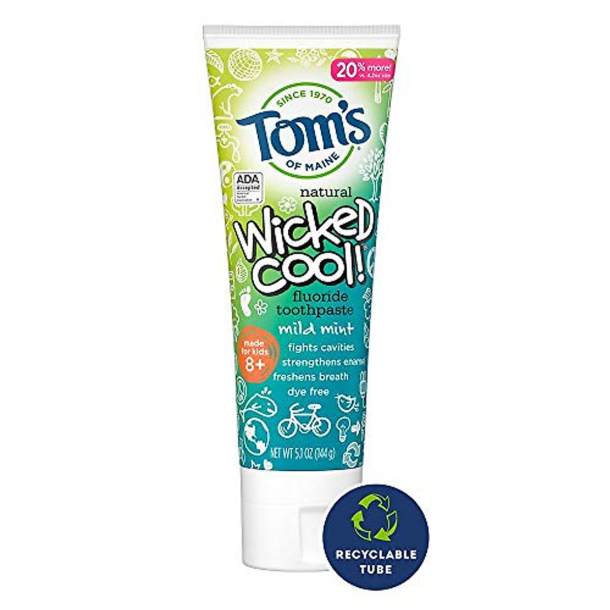 Tom's of Maine ADA Approved Wicked Cool! Fluoride Children's Toothpaste, Natural Toothpaste, Dye Free, No Artificial Preservatives, Mild Mint, 4.2 oz. 3-Pack (Packaging May Vary)