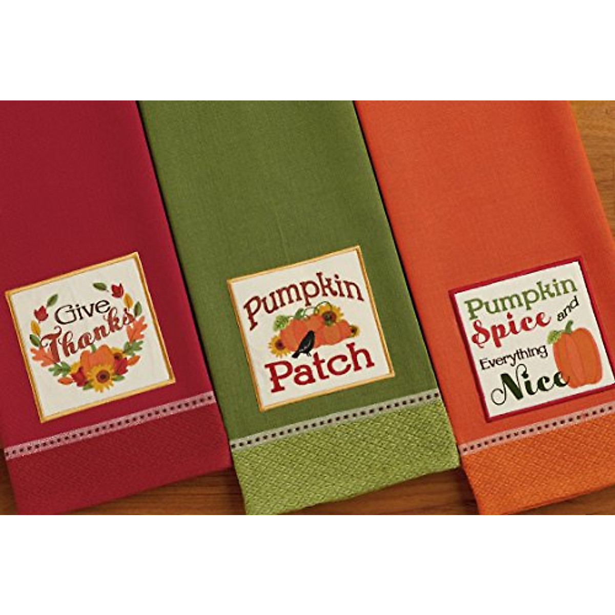 DII Thanksgiving Fall Kitchen Towels Collection Decorative Embellished Dish Towel Set, 18x28", Country Pumpkin, 3 Count