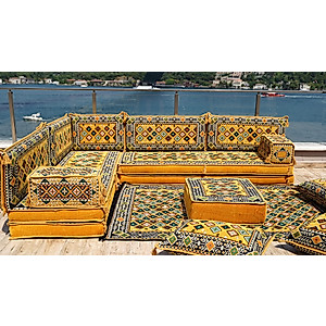 Yellow L Shaped Floor Couch, Sectional Sofa Set, Floor Pillow, Arabic Majlis, Moroccan Livingroom Cushion, 8" Thick Corner Floor Seating Set (L Sofa + Rug + Poufs)
