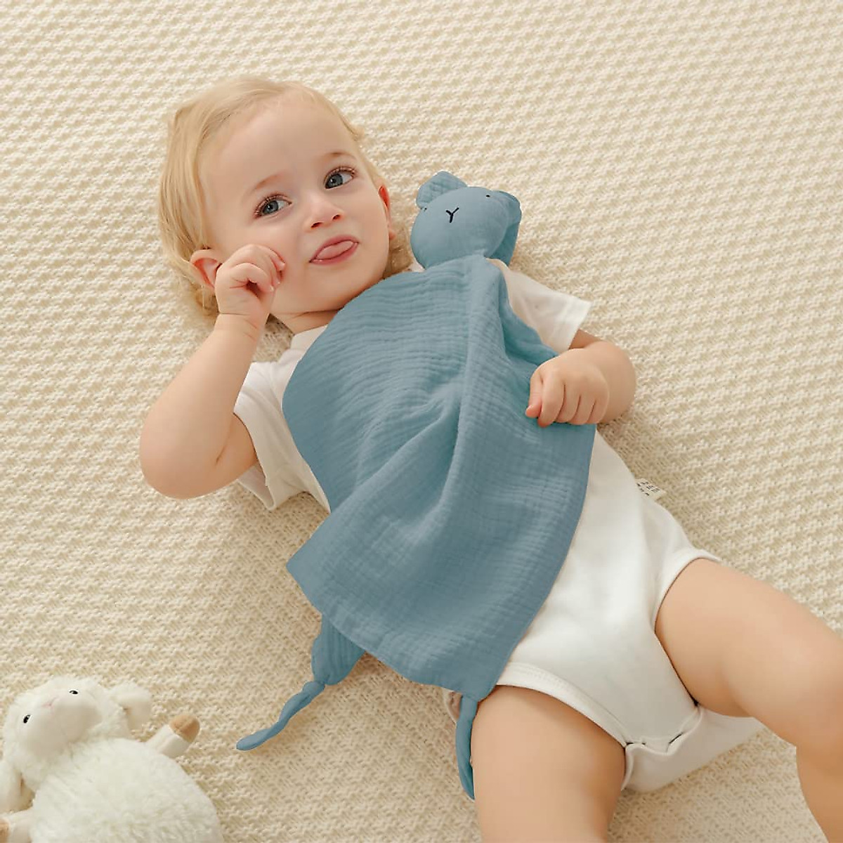 insular Bunny Lovey Blanket for Boys and Girls, Organic Cotton Muslin Security Blanket for Babies, Soft Breathable Lovie Soothing Towel for Newborn and Infant, 2 Pcs Set (Blue&Grey)