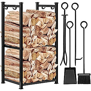 AMAGABELI GARDEN HOME Garden Home Firewood Rack Indoor with Fireplace Tools Set Log Holder Wood Rack Outdoor Log Rack Storage Tongs Poker Brush Shovel Bin Stacking Black Wrought Iron Accessories Kit