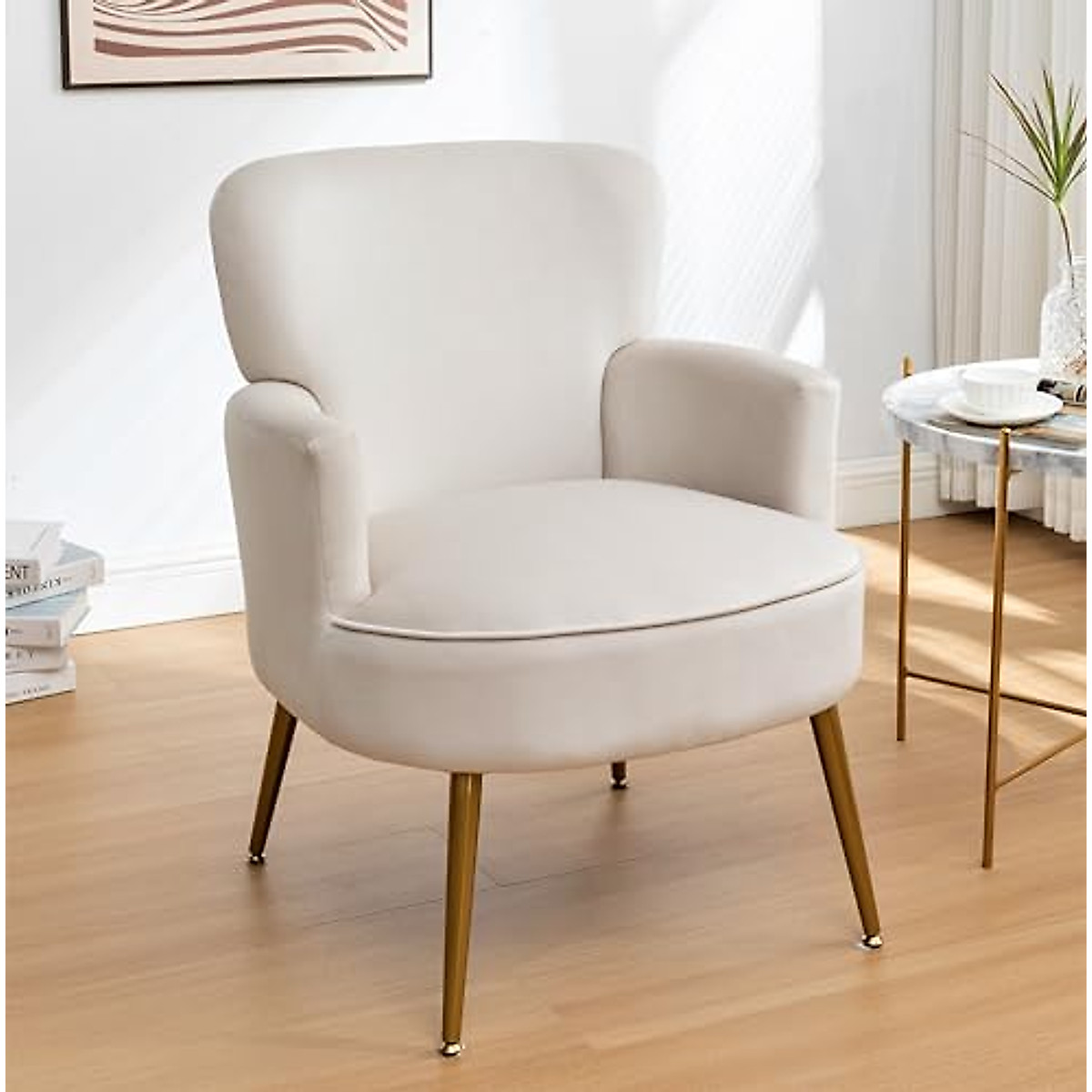 Container Furniture Direct Trendy Velvet Accent Chair with Gold Metal Legs, Upholstered Armchair for Small to Mid-Size Spaces, Modern Living Room, Bedroom, Vanity Desk and Entryway, Medium, Ivory