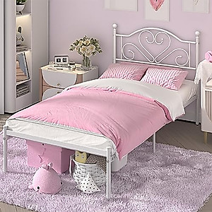Weehom Twin Bed Frames with Headboard, Heavy Duty Metal Platform Bed Under Bed Storage Space Easy Assembly for Kids Girls Adults White
