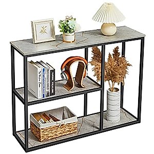 WOHOMO Console Table, 12 Inch Narrow Sofa Table with 3-Tier Storage Shelves, 40 Inch Industrial Entryway Table for Living Room, Corridor, Hallway, Grey Marble