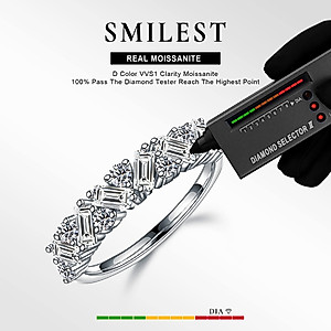 SMILEST Cluster Moissanite Half Eternity Band for Women, Baguette and Round D Color VVS1 Clarity Lab Created Diamond Rings 18K White Gold Plated 925 Sterling Silver Vintage Moissanite Promise Rings