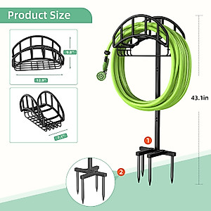 Yumatum Garden Hose Holder, Upgraded Metal Hose Reel with Tool Storage Basket, Heavy Duty Freestanding Water Hose Holders Holds 150ft Hose, Detachable Hose Storage Hanger for Outside