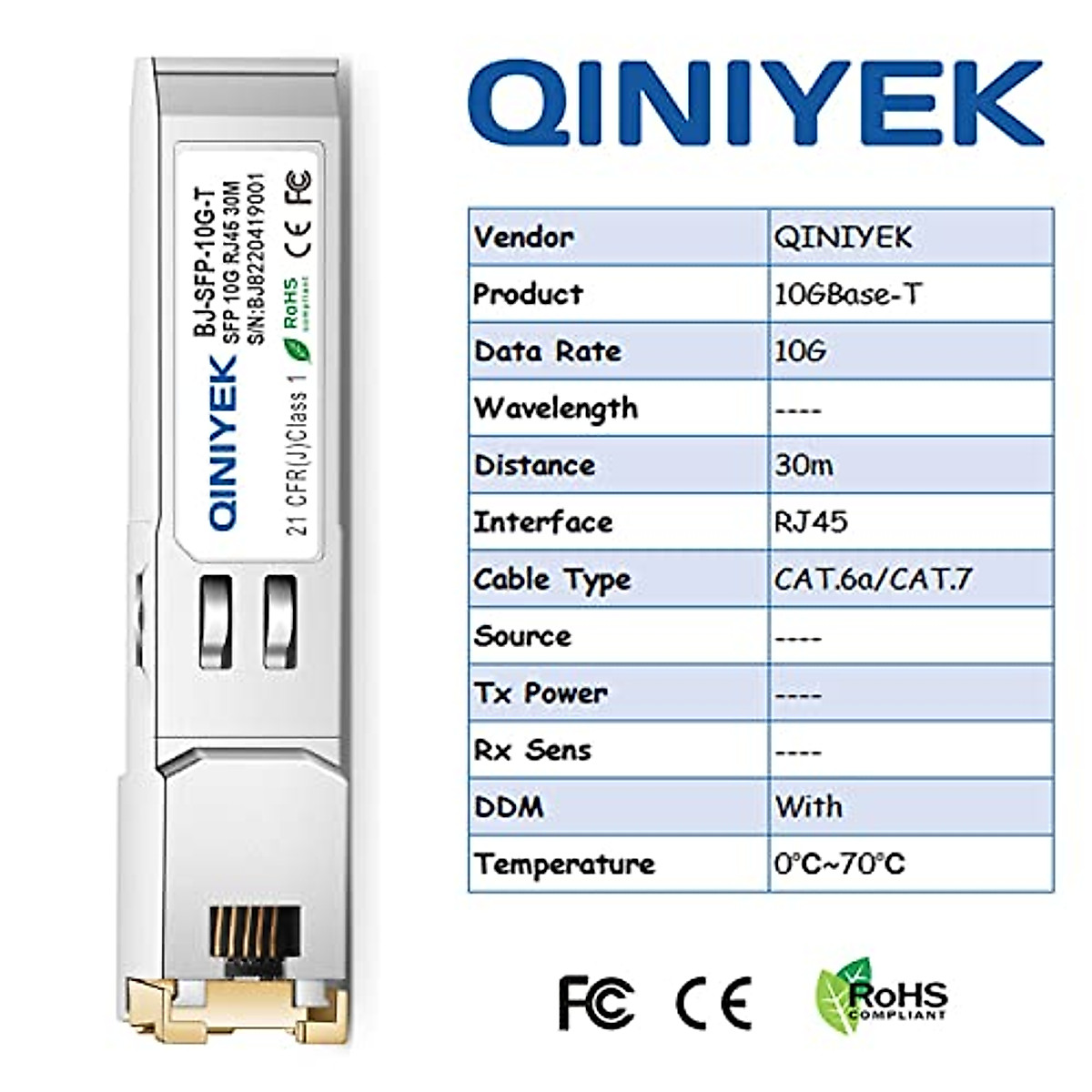 QINIYEK 10G SFP+ to RJ45 Transceiver, 10GBase-T Copper SFP+ Module for Cisco SFP-10G-T-S, Ubiquiti UniFi UF-RJ45-10G, MikroTik S+RJ10, Netgear AXM765, Fortinet, Cat.6a/7, up to 30m (Pack of 4)