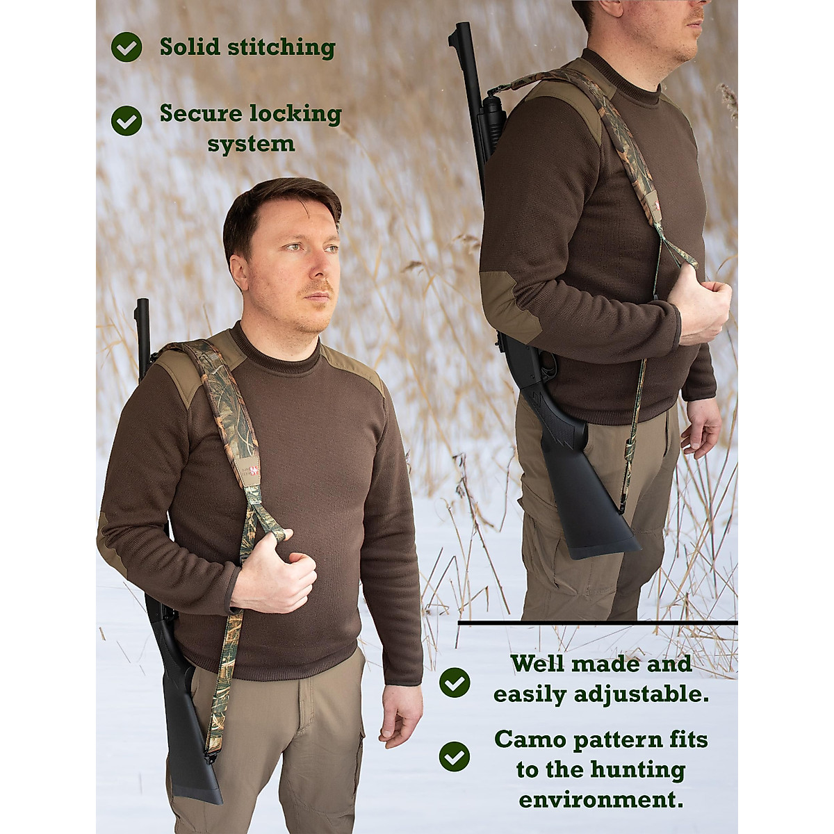 Underalert Rifle Sling with Metal Swivels and Neoprene Padding, Adjustable Gun Sling Shotgun Sling for Hunting with Shell Holder Acc. Gun Strap for Rifle 2 Point, For 12GAs and Rifles (Waterfowl Camo)
