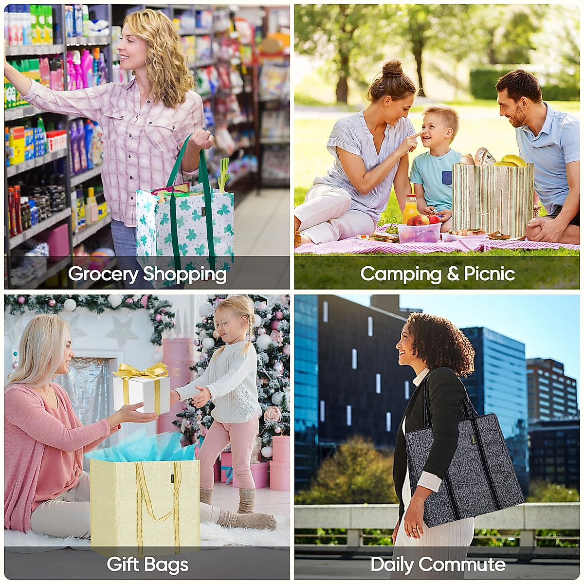 BALEINE 4 PK Grocery Bags Reusable Shopping Bags with Reinforced Bottom, Heavy Duty Foldable Tote Bags (Grey)