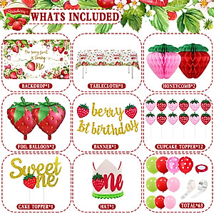 Strawberry First Birthday Party Decoration Pack for Girls Sweet One Shortcake Party Supplies 84 Pcs (Backdrop, Tablecloth, Banner, Crown, Cupcake Toppers, Honeycomb Decor, Balloons) (Sweet One)