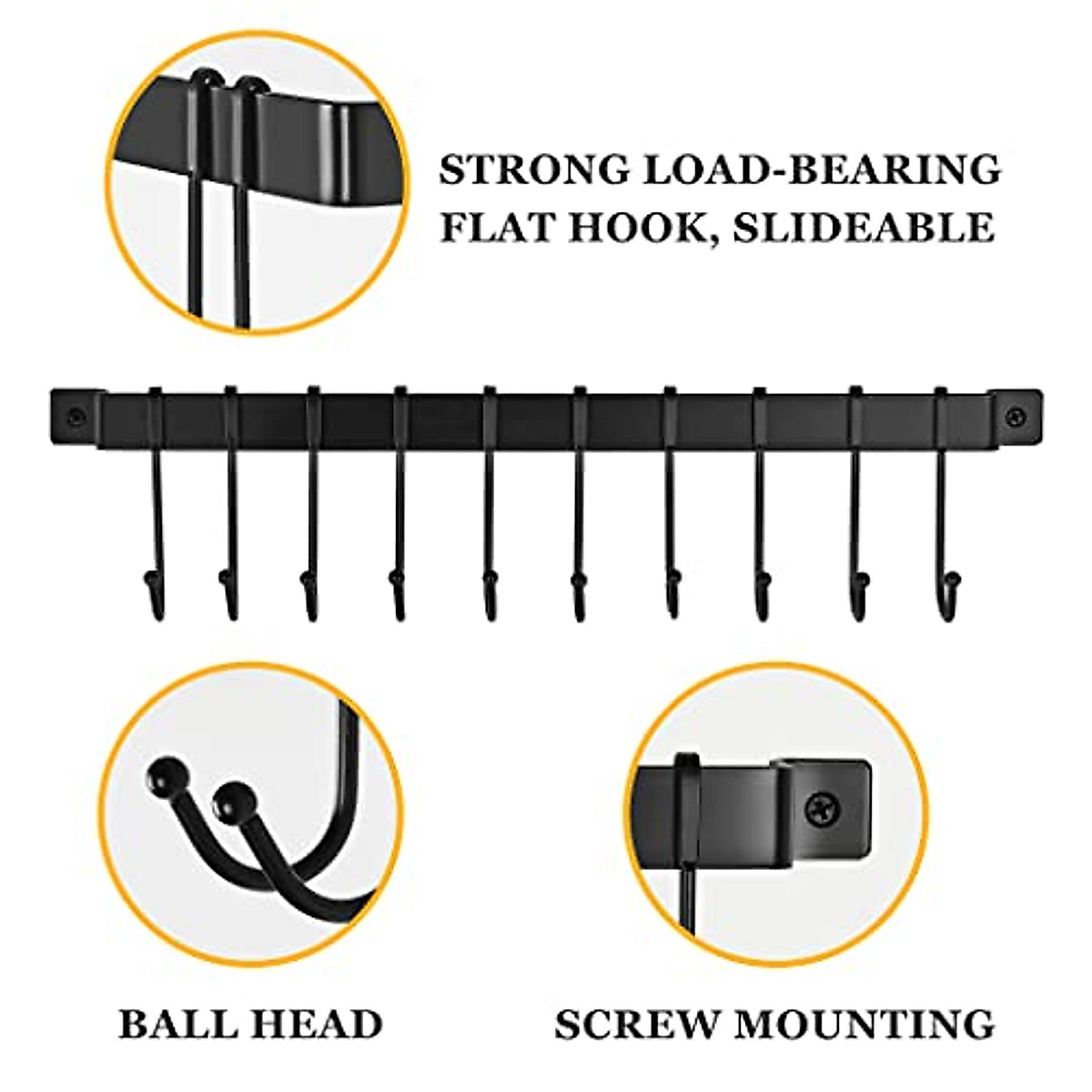 JEPRECO Kitchen Rail with 10 Hooks, Wall Mounted Iron Utensil Holder Hanging Pot Pan Rack Mug Cup Organizer,17 Inch Black