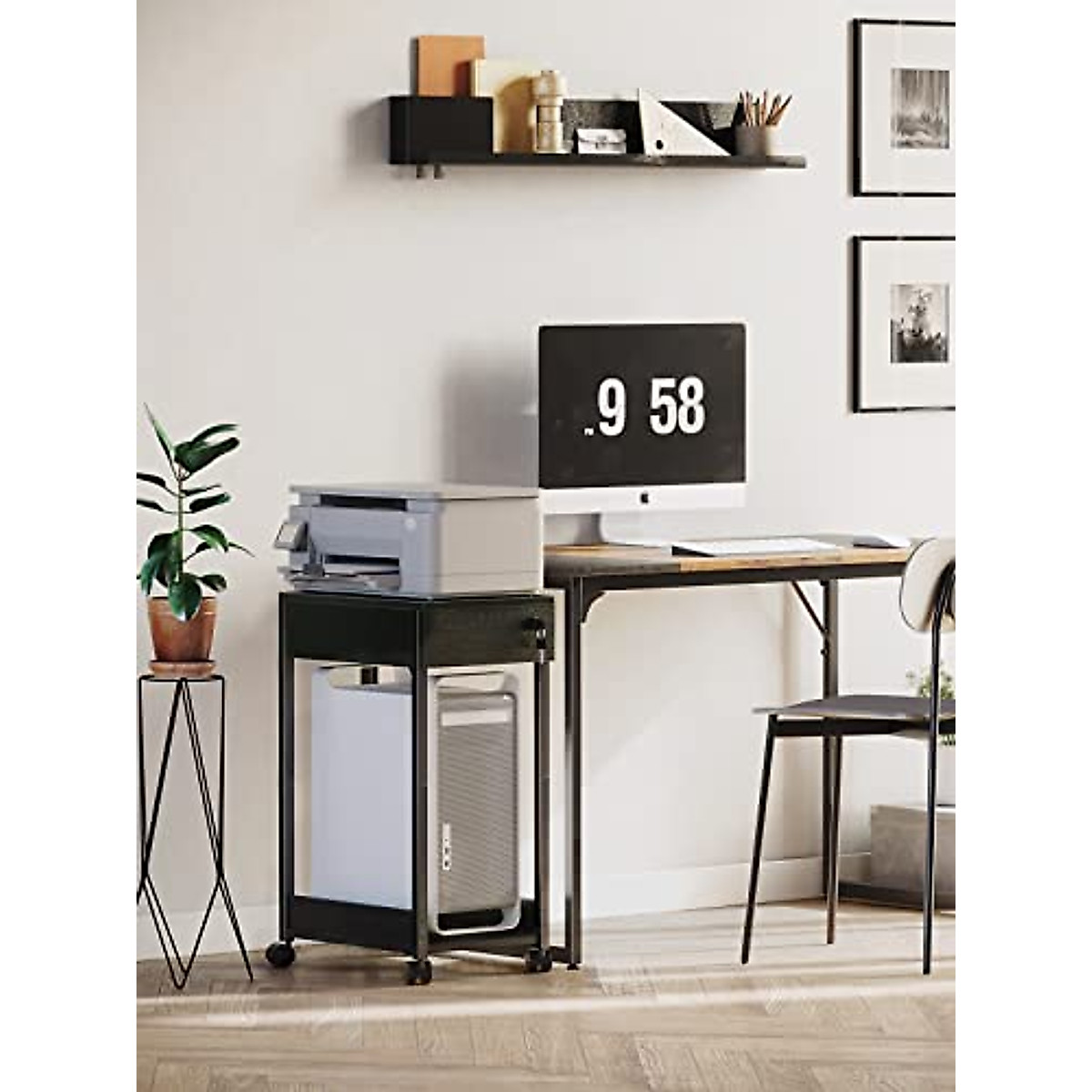 ODK 3-Tier Printer Stand with Storage, Computer Tower Stand with Drawer & Key, Movable CPU Stand, Under Desk Printer Shelf, Storage Shelf with Lockable Wheels for Home Office Black
