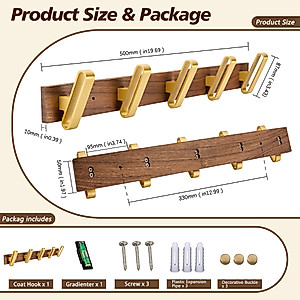 OUJUN Coat Rack Wall Mounted, 19.69 Inch Solid Walnut Wood Wall Mount Coat Hooks with 5 Golded Metal Hooks for Hanging Clothes Hat Bag and Key.Modern Coat Rack for Entryway Bedroom Bathroom Kitchen