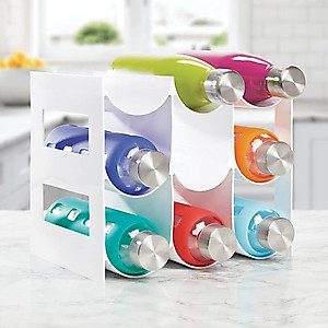 mDesign Plastic Free-Standing Water Bottle Organization/Wine Rack Storage Organizer for Kitchen Countertops, Cabinet, Bin, Pantry, Fridge, Refrigerator, 3 Tiers, 9 Bottles, Lumiere Collection - White