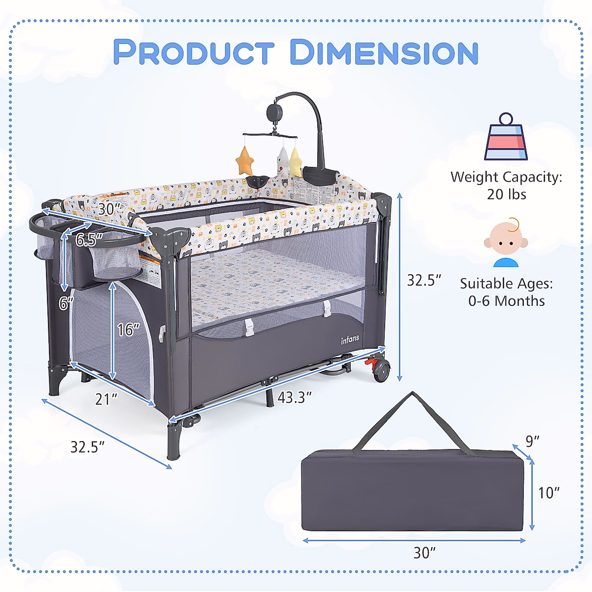 INFANS Pack and Play, 5 in 1 Baby Bedside Sleeper with Bassinet, Diaper Changer, Mattress, Carry Bag, Music Box Hanging Toys, Foldable Bedside Crib, Portable Playard for Newborn Toddlers (Bear)