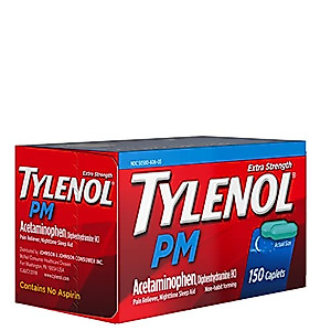 Tylenol PM Extra Strength Nighttime Pain Reliever & Sleep Aid Caplets, 500 mg Acetaminophen & 25 mg Diphenhydramine HCl, Relief for Nighttime Aches & Pains, Non-Habit Forming, 150 ct
