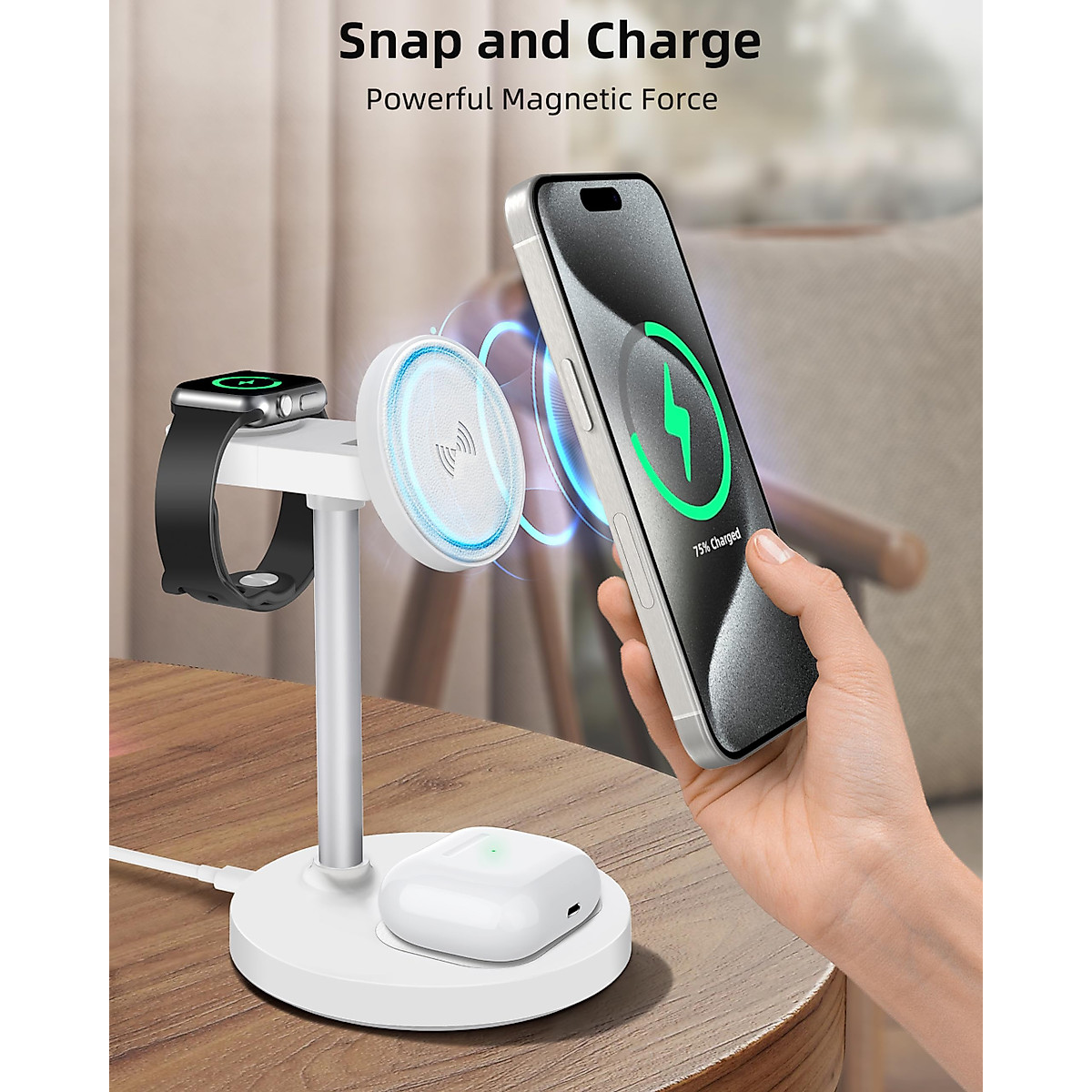 FutureCharger for MagSafe Charger Stand - 3 in 1 Wireless Charging Station for Apple Devices, for iPhone 15/14/13/12 Series, for iWatch/Airpods, Aluminum Alloy Rod, Leather Pad, White