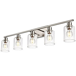 VINLUZ Modern 5 Light Wall Mounted Lighting in Brushed Nickel Finish Contemporary Bathroom Vanity Light Fixture with Seeded Glass Shade Over Mirror for Dressing Table Bedroom
