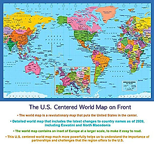 Classic United States USA and World Desk Map, 2-Sided Print, 2-Sided Sealed Lamination, Small Poster Size 11.5 x 17.5 inches (1 Desk Map)