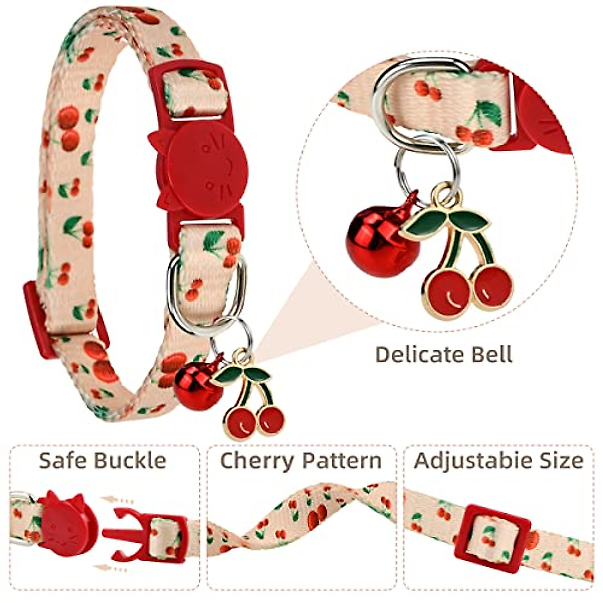 CooShou 4Pcs Breakaway Cat Collars with Bells Kitten Collar Breakaway Friut Plaid Collar with Pineapple, Cherry, Lemon, Avocado Adjustable Collars for Female Girl Cats Male Boy Cats