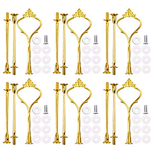 3-Tier 14.6'' Cupcake Stand Hardware Fittings, Metal Mold Crown Holder DIY Making for Fruit Plate Cake Stand Snack Tray Replacement Parts for Tea Party Wedding Decoration (6 Sets - Gold)