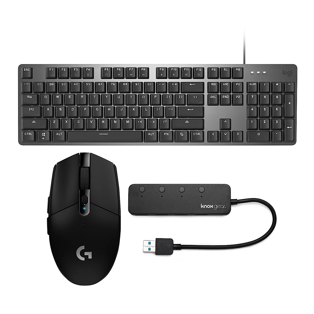 Logitech K845 Illuminated Keyboard (Cherry Red Switches) with Logitech G305 Gaming Mouse and Knox Gear 4-Port USB Hub Bundle (3 Items)