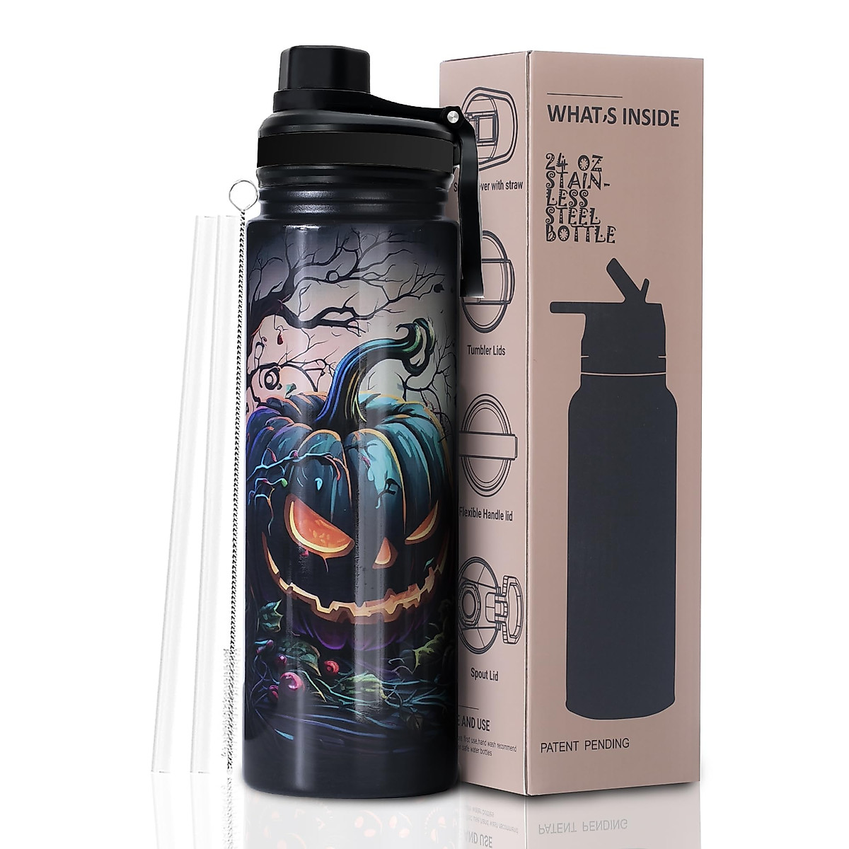 Water Bottle with Spooky Pumpkin Grimace - 24 oz Insulated Cups with Straws and 4 Lids,Halloween Tumbler Gifts for Friends Kids