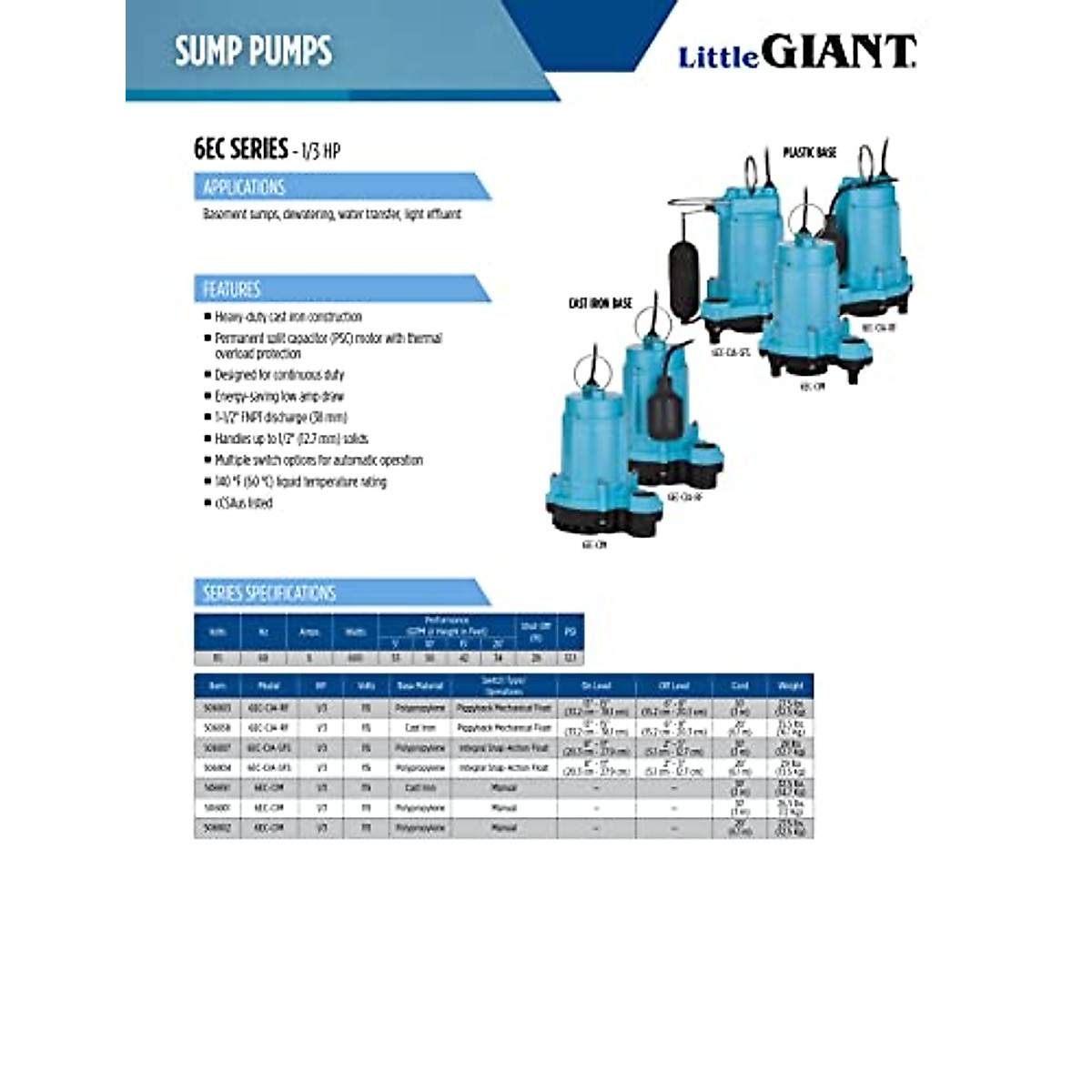 Little Giant 6EC-CIA-SFS 1/3 HP, 115-Volt, 3180 GPH Automatic Cast Iron Submersible Sump/Effluent Pump with Polypropylene Base, Integral Snap-Action Float Switch and 20-Ft. Cord, Blue, 506804