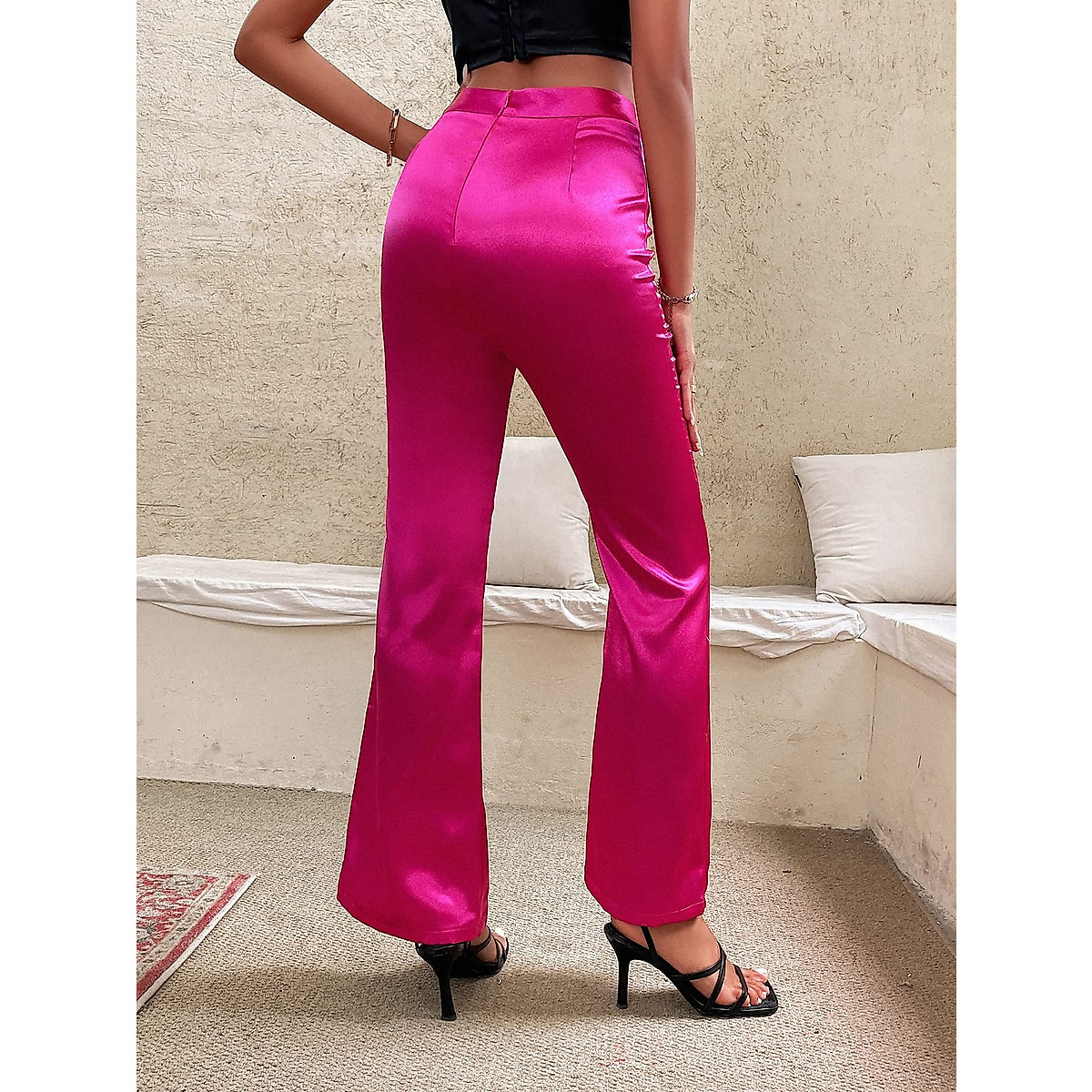 WDIRARA Women's High Rise Wide Leg Split Hem Pants Party Club Solid Pants Hot Pink L