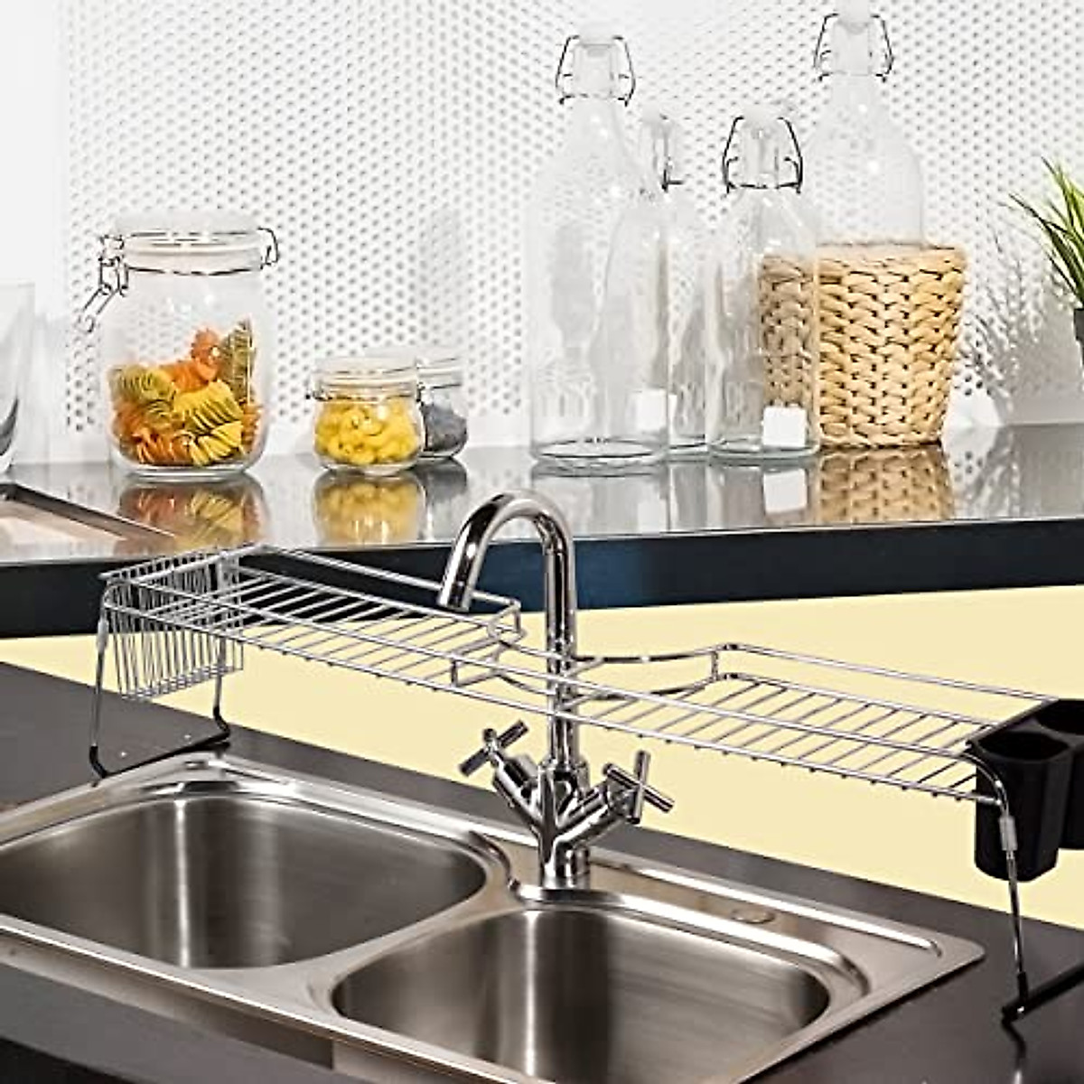Home Basics Over Sink Shelf, (Chrome) Steel Over The Kitchen Sink Organizer for Soap, Sponges, Scrubbers, and More | with Cutlery Holder