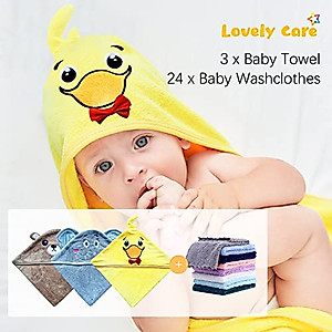Lovely Care 3 Pack Baby Hooded Bath Towel with 24 Count Washcloth Sets for Newborns Infants & Toddlers, Boys & Girls - Baby Registry Search Essentials Item - Bear, Elephant, Duck