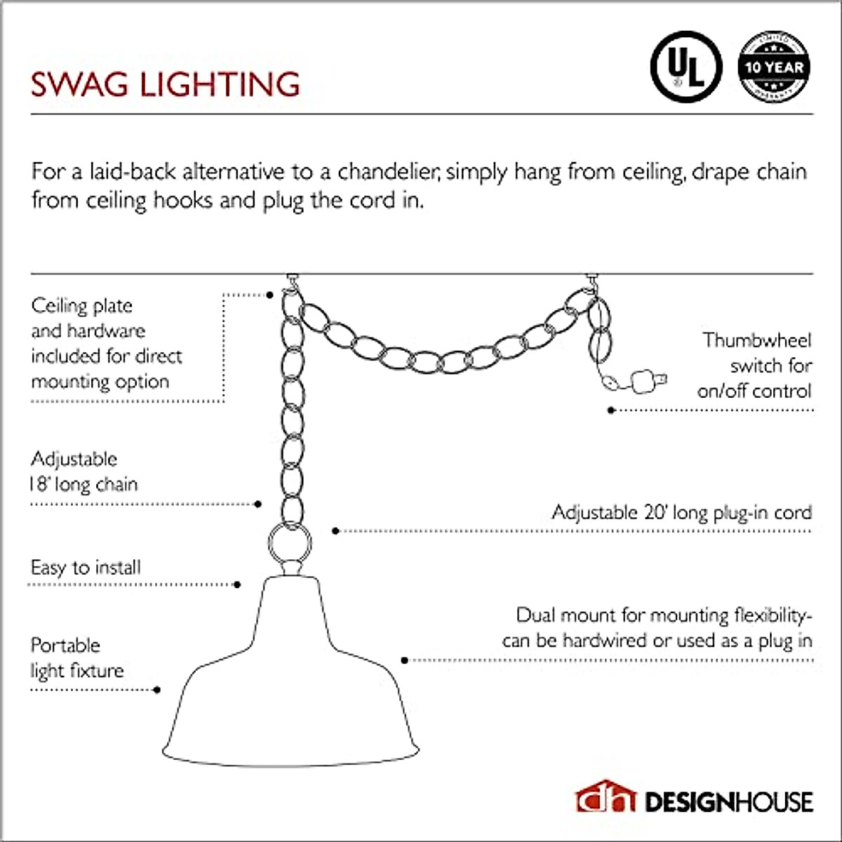 Design House 517565 Millbridge Traditional 1-Light Indoor Hanging Swag Light with Alabaster Glass Shade for Living Dining Room Bar Area, Satin Nickel Finish
