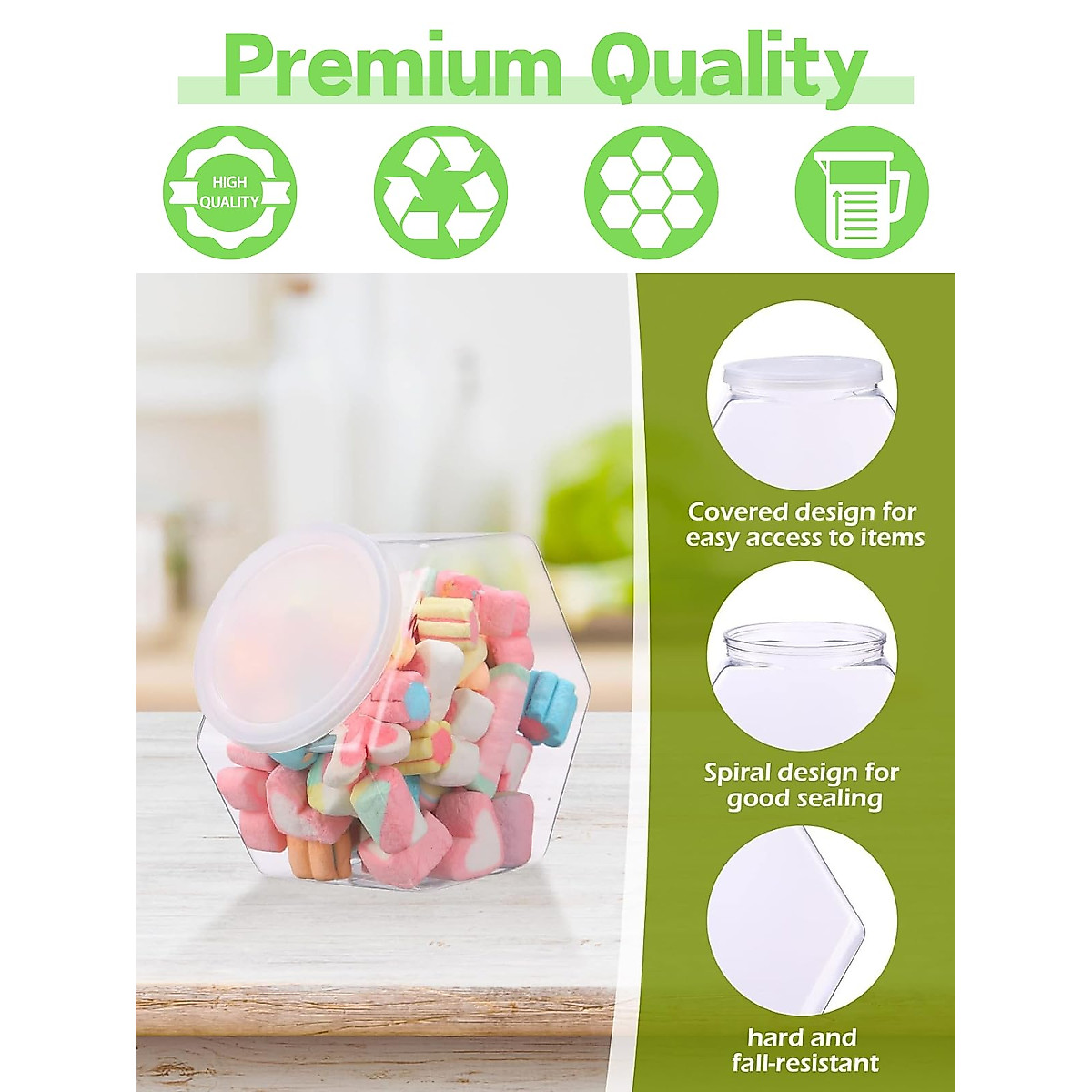 Glazeal 4pcs Large Candy Jar with Spoons, 72 OZ Hexagon Candy Jar Plastic Clear Cookie Jar with Lid for Candy Buffet, Kitchen Storage Containers Set