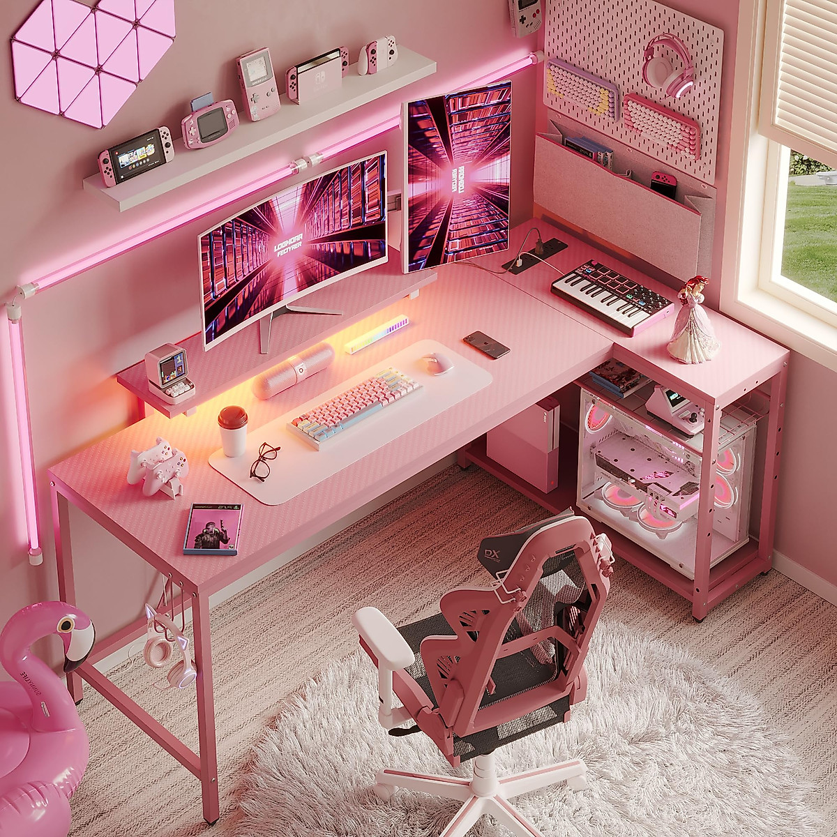 Bestier L Shaped Gaming Desk with Power Outlets,58 LED Small Corner Desk with Reversible Storage Shelves,Pink Computer Desk with Headset Hooks Desk for Living Room and Dormitory
