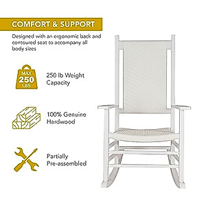 Shine Company Set of 2 Hampton Porch Rockers, High Back Wood Rocking Chairs, Rattan Backrest & Seat, 2-Pack, White