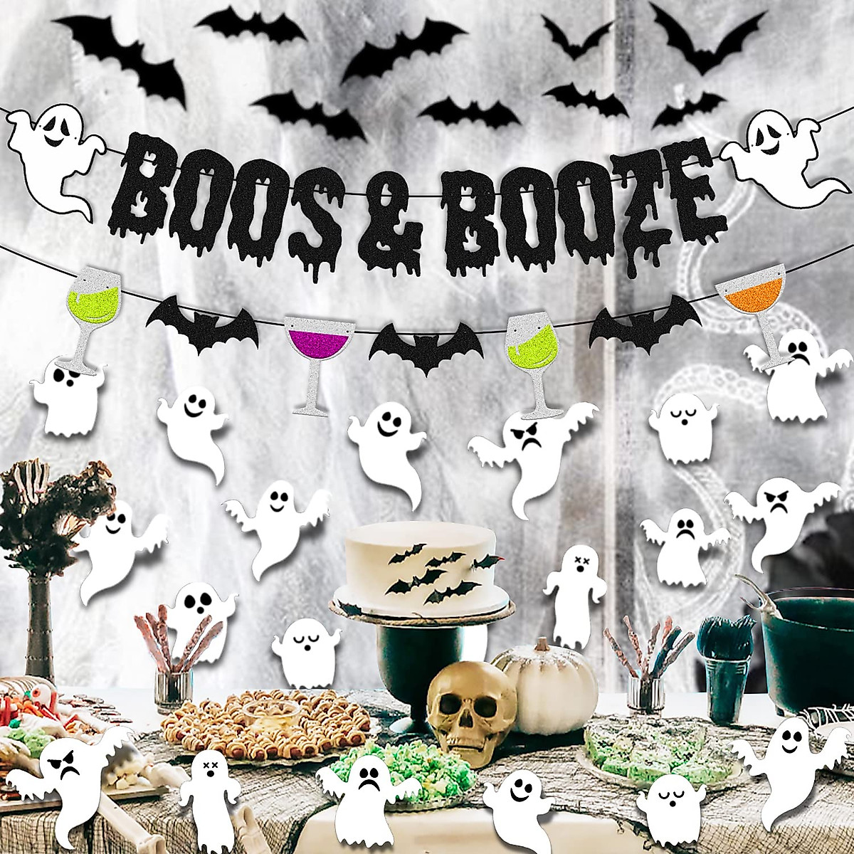35 PCS Boos & Booze Decorations Halloween Banner Ghost Bat Wall Decor Potion Horror Pumpkin Witches Theme for Halloween Festival Party Supplies