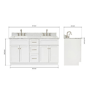 ARIEL 61" White Double Bathroom Vanity, Italian Carrara Marble Countertop & Splash, Rectangular Sink, 2 Soft Closing Doors, 3 Full Extension Dovetail Drawers, Toe Kick, Brushed Nickel