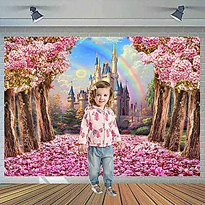 Castle Backdrop 7x5ft Spring Pink Sakura Flowers Washable Polyester Photography Background Wedding Birthday Party Princess Photo Studio Props YL058