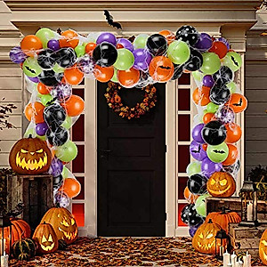 Auihiay 155 Pieces Halloween Balloon Garland Arch Kit Include Black Orange Purple Latex Balloons, Confetti Balloons, Spider Web, 3D Bats for Halloween Party Background Classroom Decoration