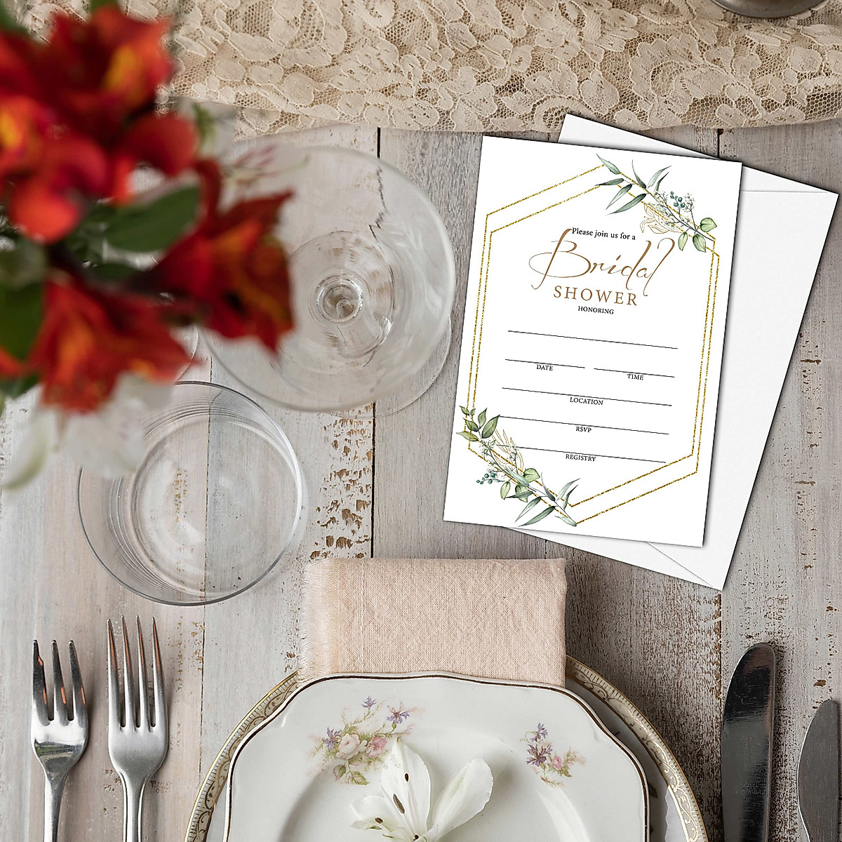 Greenery Eucalyptus Bridal Shower Invitations with Envelopes, 25 Pcs Gold Foil Blank Fill-in Invites for Wedding Reception, Engagement Party, Bachelorette Party(10)